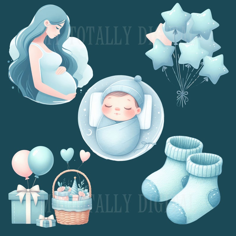 31 Watercolor Blue Baby Shower Clipart PNG Sublimation Bundle PNG ...