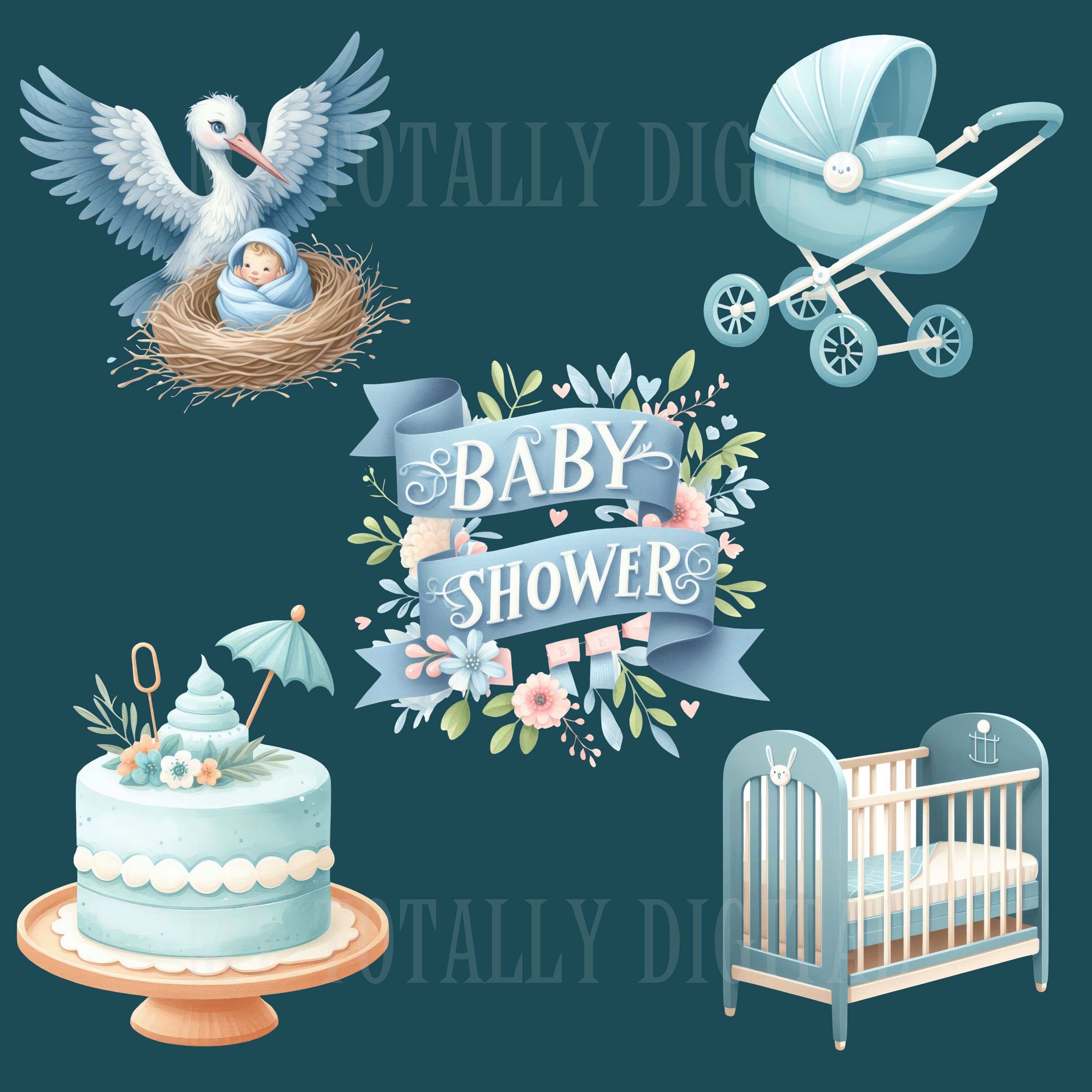 31 Watercolor Blue Baby Shower Clipart PNG Sublimation Bundle PNG ...