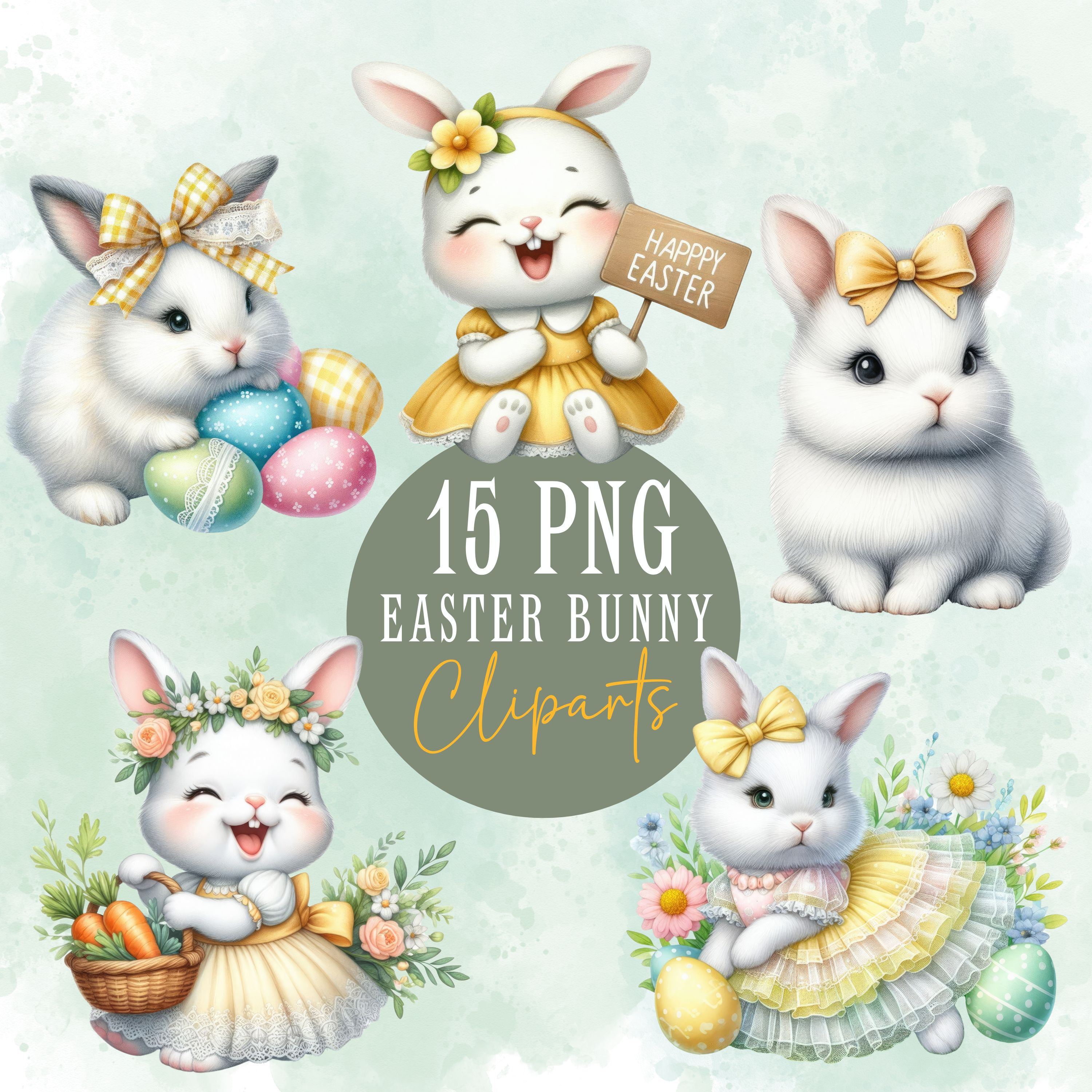 15 Watercolor Easter Bunny Clipart Design Sublimation Bundle Digital ...