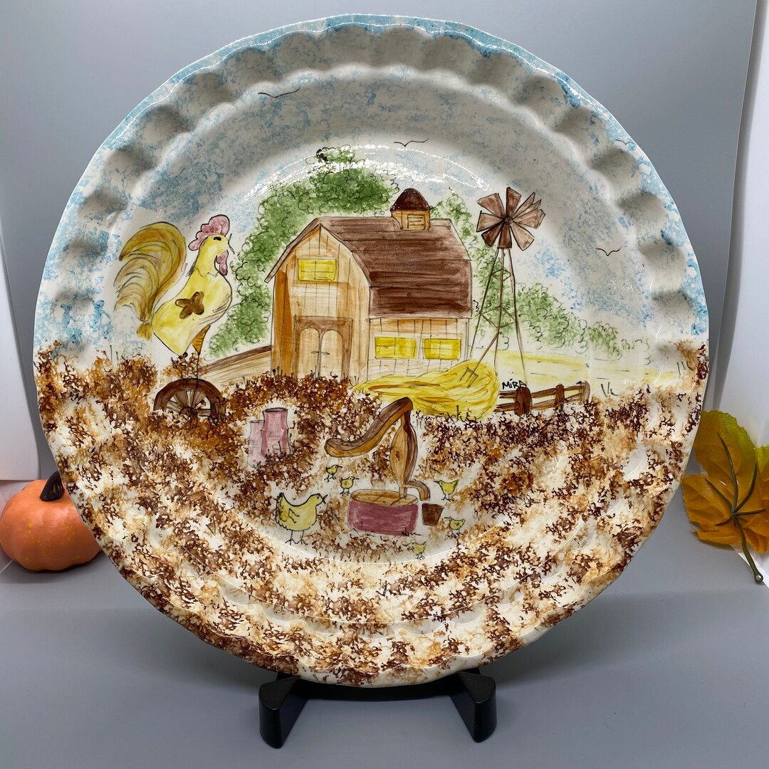 Signed Ceramic Hand Painted Farm Scene Deep Pie Plate. Preowned. - Etsy