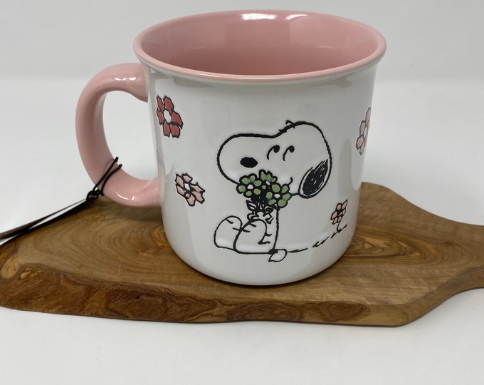 Pink and White Mug With Snoopy Sitting Down Nd Enjoying a Bouquet of ...