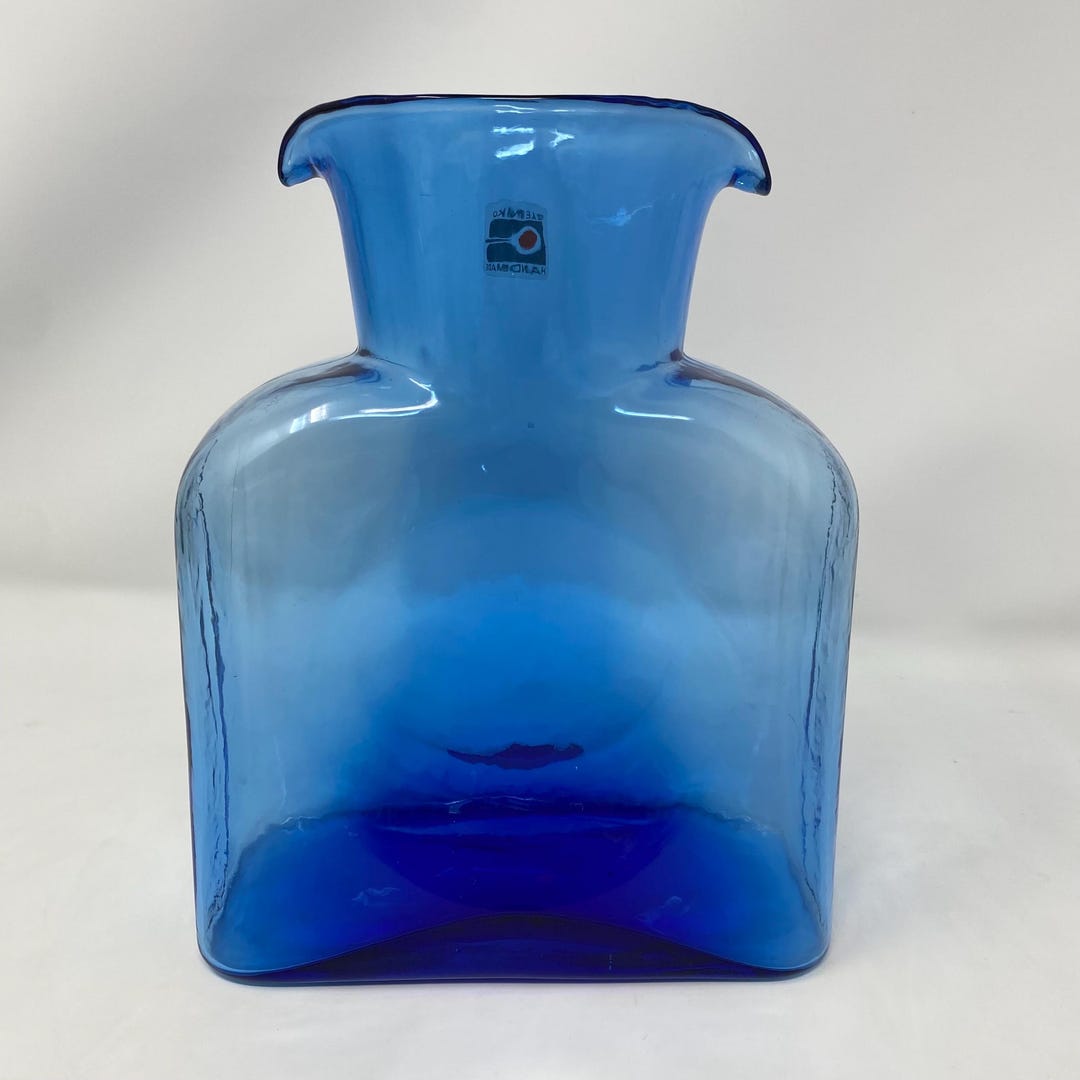 Blenko Vintage 1980s Double Spout Large Water Pitcher. Blue Hand Blown Glass With Original ...