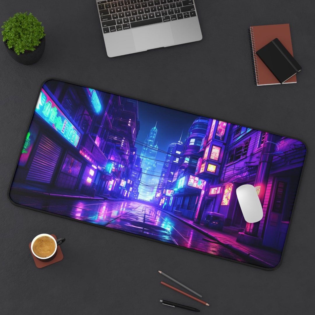 Cyberpunk City Desk Mat, City Lights, Night Active, Bright Buildings ...