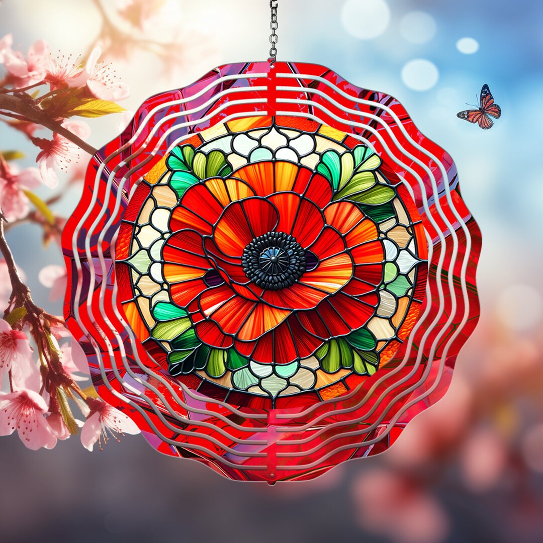 10 Inch Gorgeous Red Poppy Stained Glass Design Aluminum Wind Spinner ...