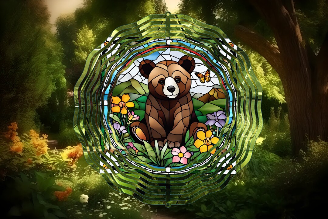 Adorable Bear Cub Stained Glass Design Wind Wind Spinner Aluminum 10 ...