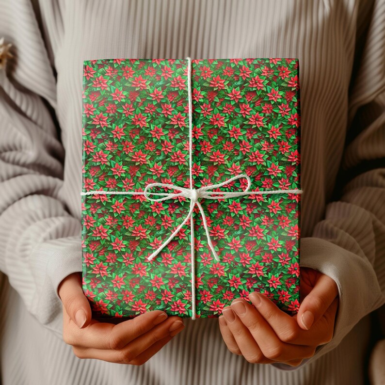 Poinsettia Flower Gift Wrap in Bold Red & Greens. Christmas and Holiday ...