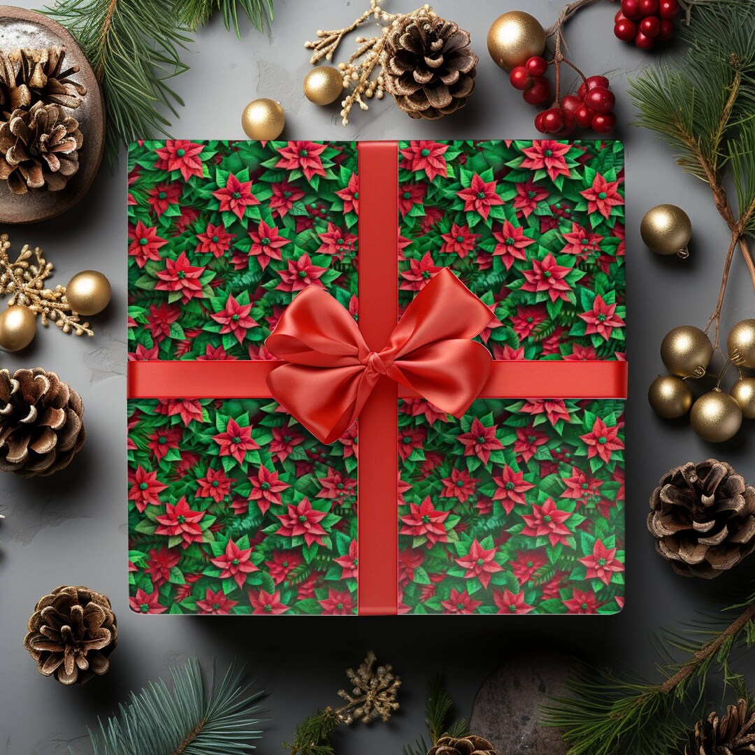 Poinsettia Flower Gift Wrap in Bold Red & Greens. Christmas and Holiday ...