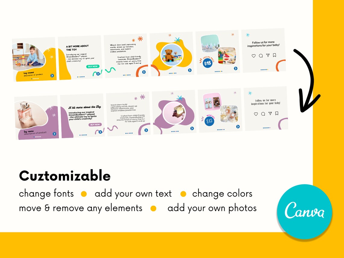 CANVA Carousel Templates Kids SHOP, Kids Store, Toys Shop, Colorful ...