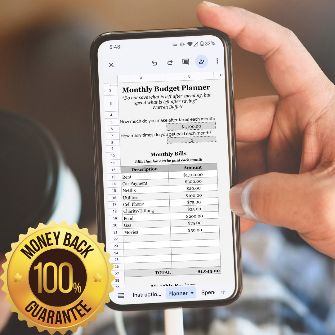 Mobile Budget Planner and Expense Tracker for Google Sheets. Spreadsheet Template. Simple, Easy ...