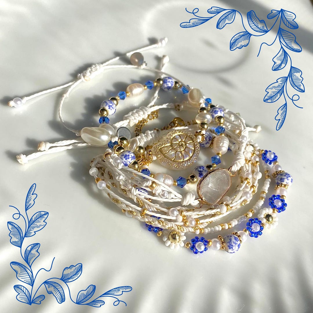 Handmade Gold and Blue Beaded Bracelet Set: Adjustable Stretchy Jewelry ...