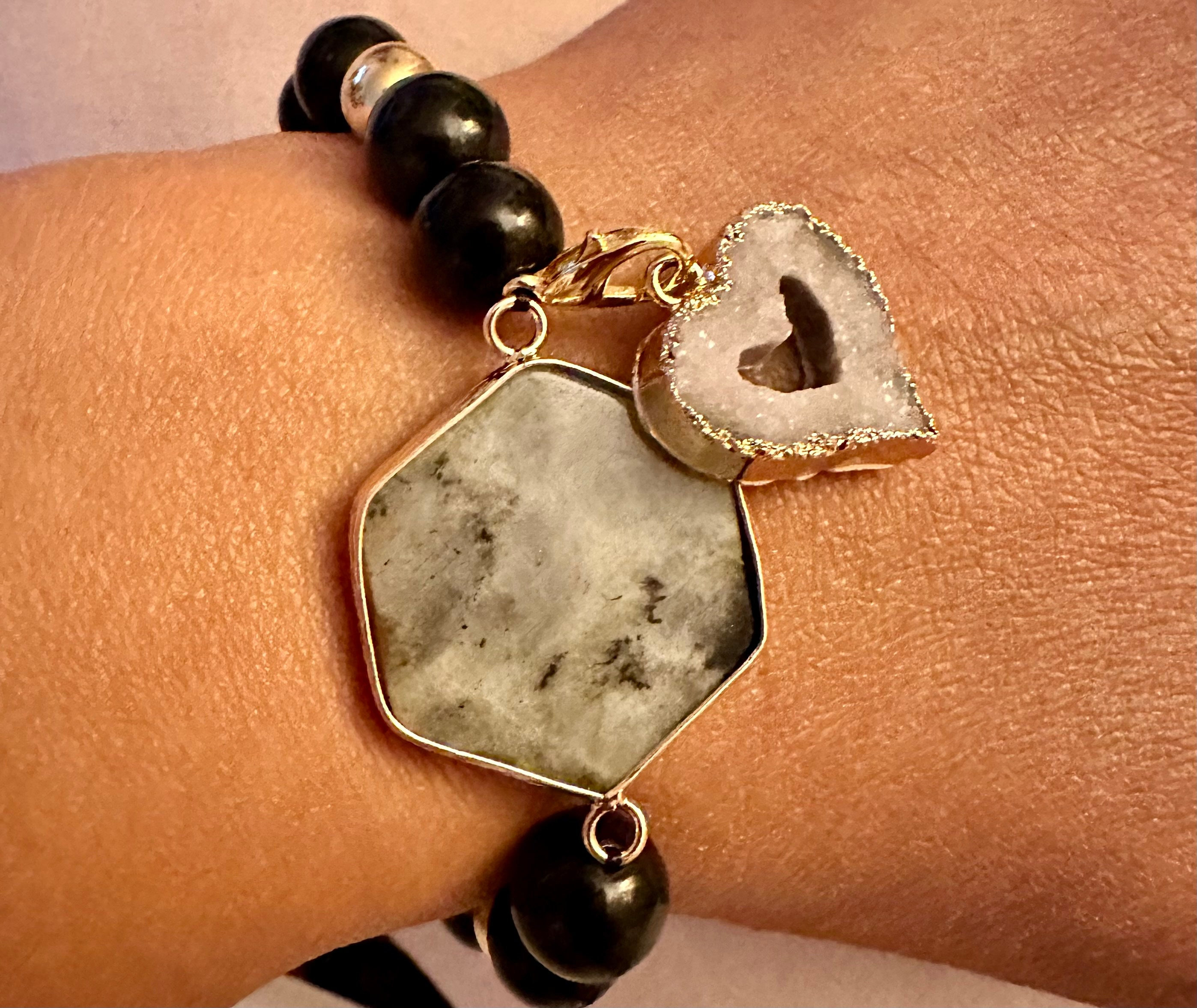 Natural Blackish-gray Jade Bracelet With a Labradorite Hexagon ...