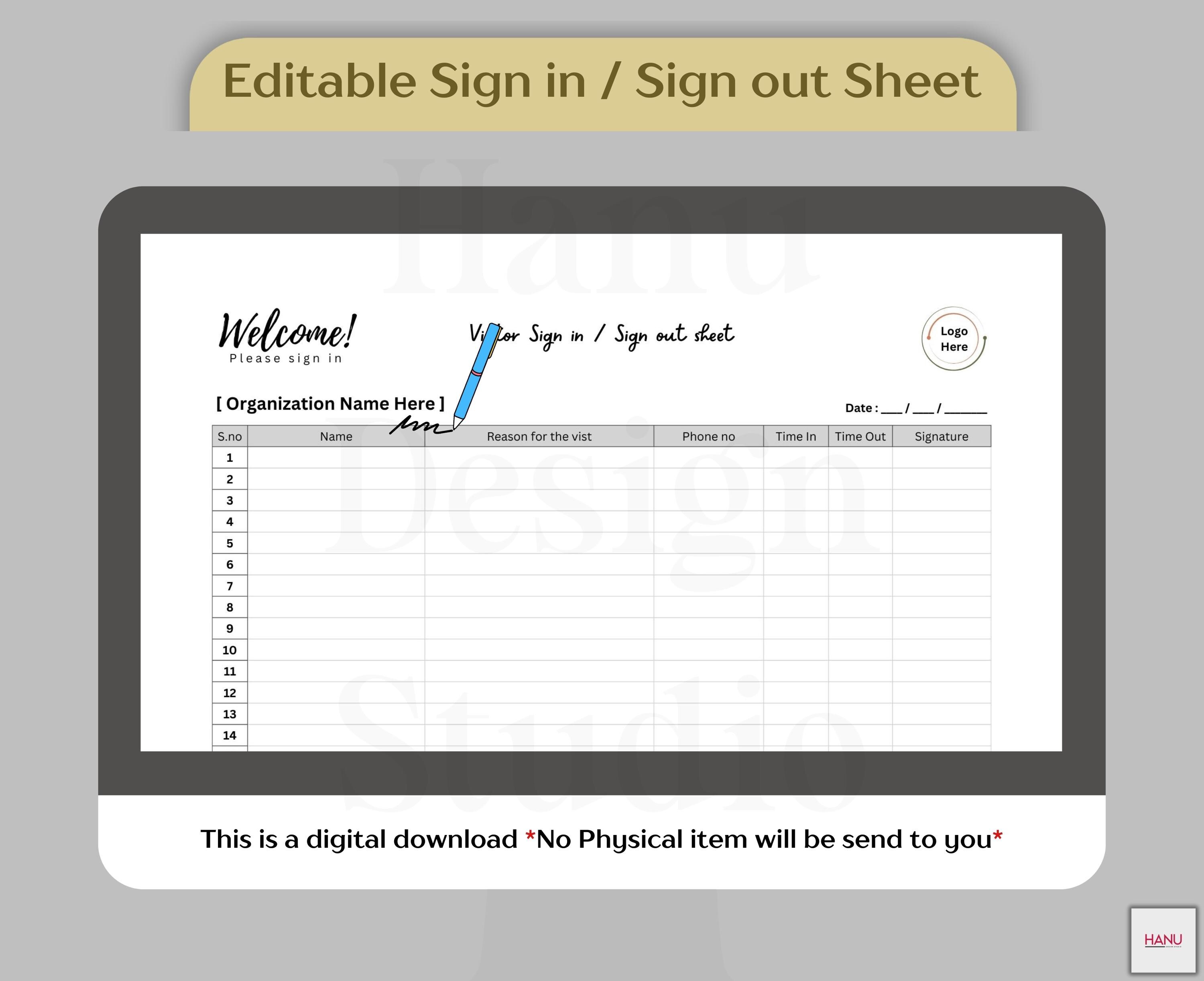 Printable Visitor Sign in Sign Out Sheet, Sign in Sign Out Forms, Home ...