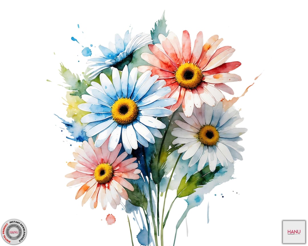 Watercolor Daisy Clipart: Floral Print for Junk Journals (digital ...