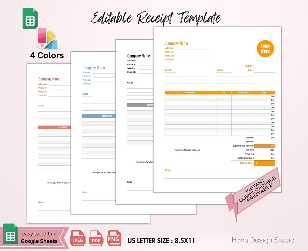Editable Receipt Template. Small Business Digital Receipt. Receipt Form ...