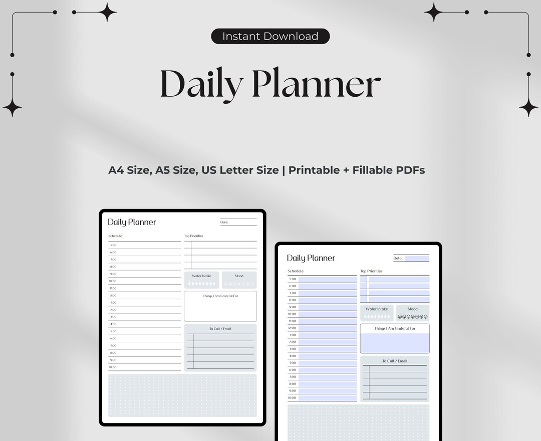 Printable Daily Planner, Schedule, Tasks, and Gratitude (fillable PDF ...
