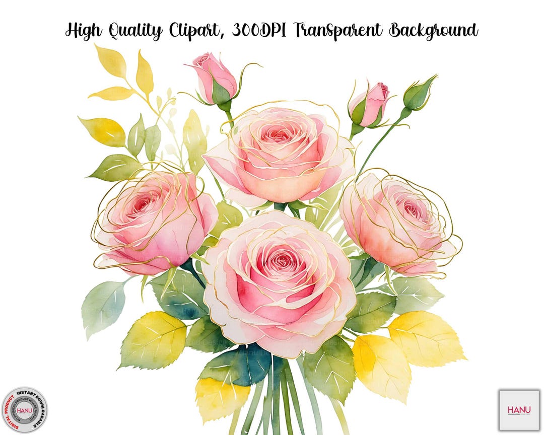 Pink Rose Gold Outline Clipart | Rose Bouquet, Printable Watercolor ...
