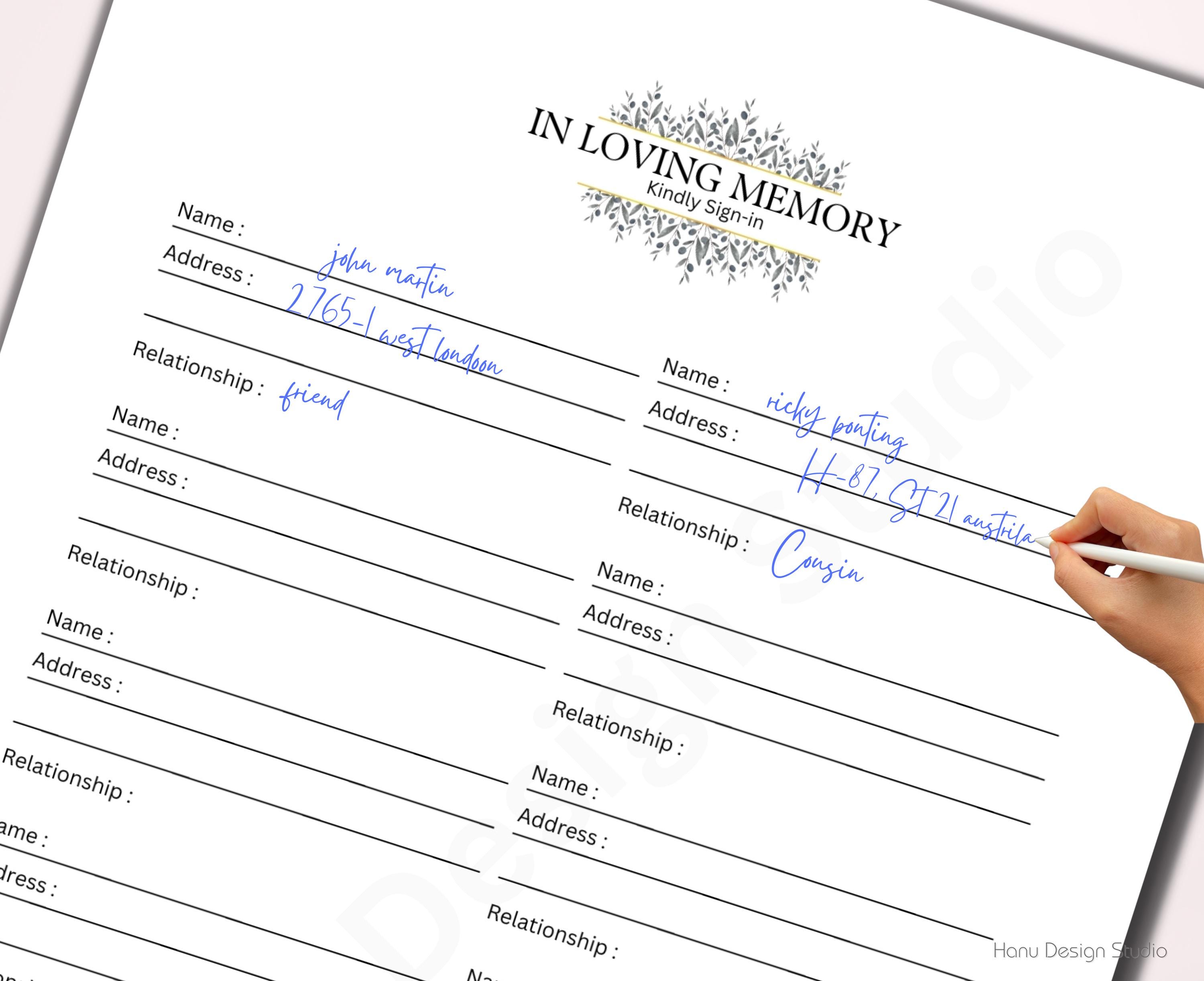 Funeral Sign in Sheet Printable Funeral Guest Book Insert Printable ...