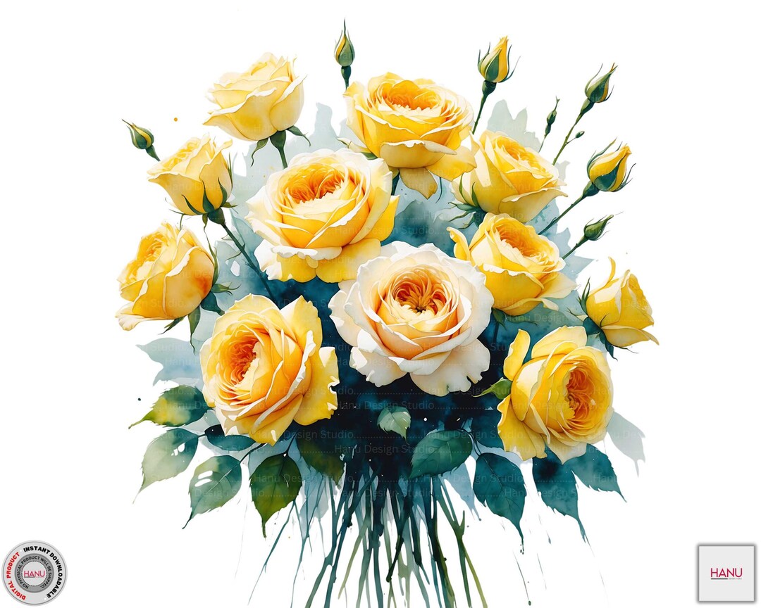 Yellow Roses Watercolor Clipart: Floral Home Decor (digital Download ...