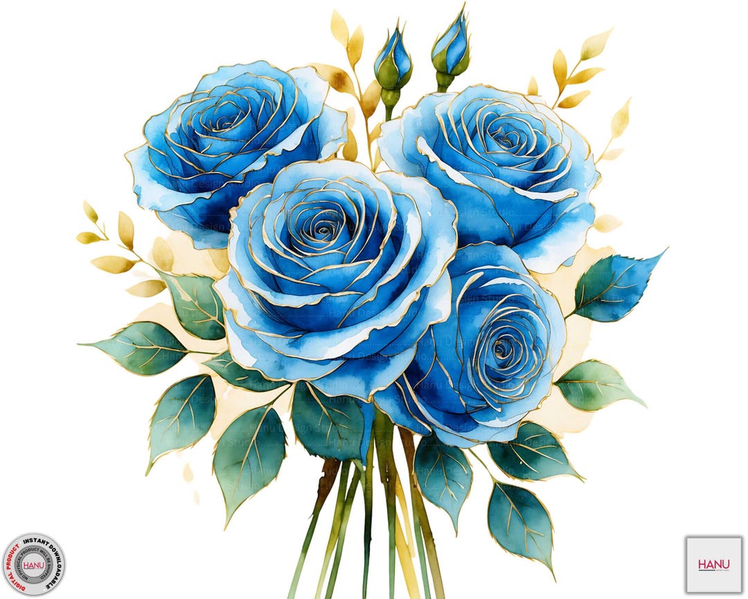 Blue Gold Rose Watercolor Clipart | Home Decor | Printable Clipart ...