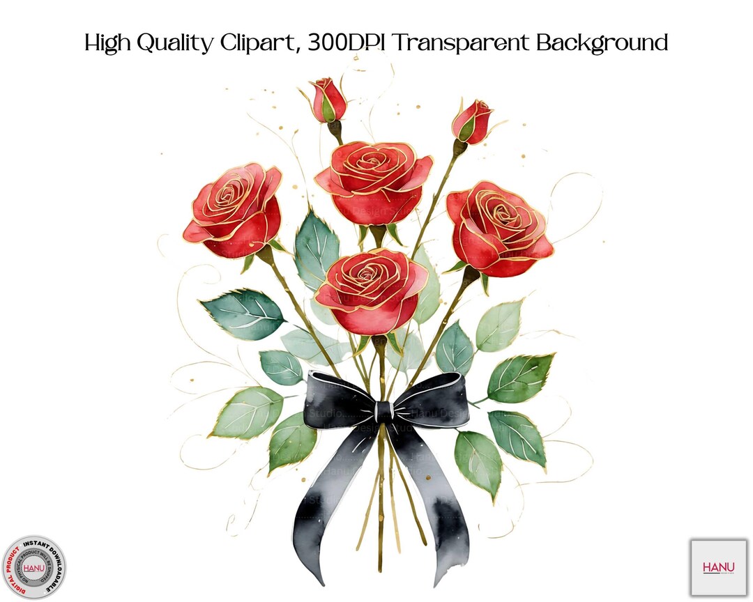 Red Rose Bouquet Clipart: Gold Outline, Watercolor Roses (digital ...