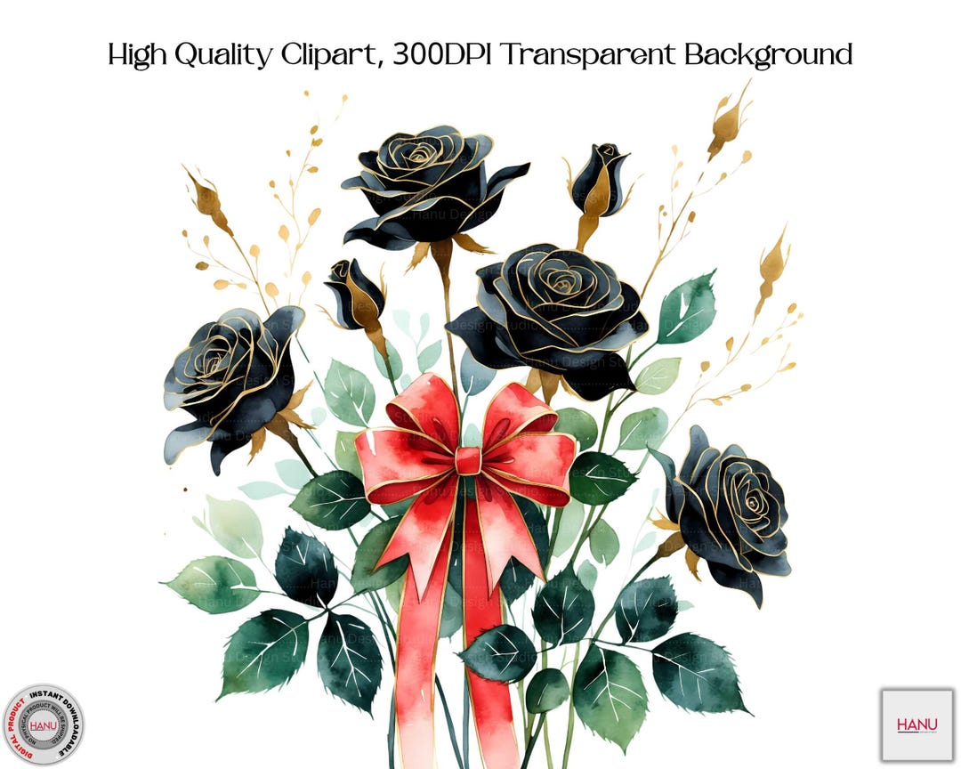 Black Rose Gold Outline Clipart: Watercolor Bouquet (digital Download ...