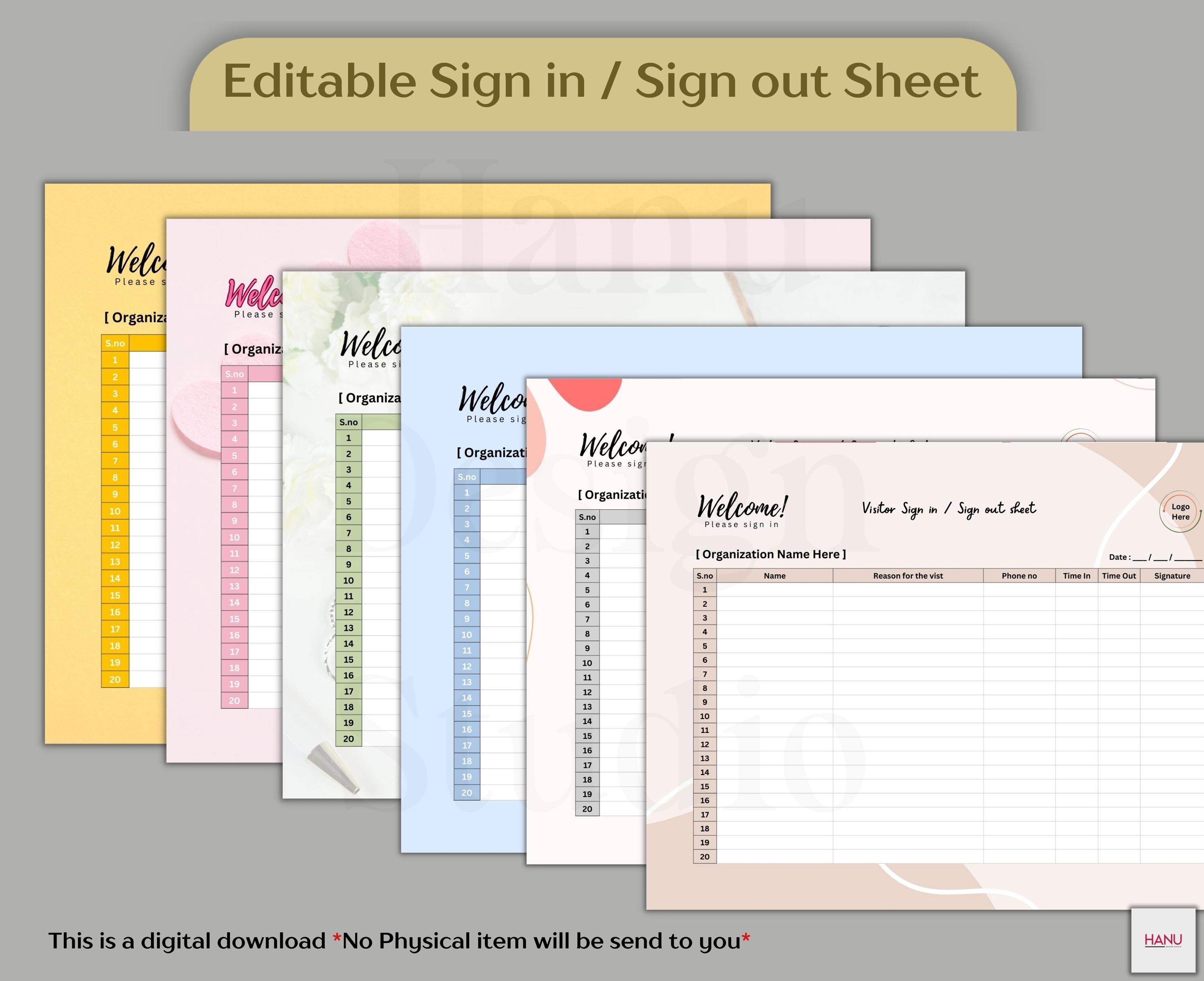 Printable Visitor Sign in Sign Out Sheet, Sign in Sign Out Forms, Home ...