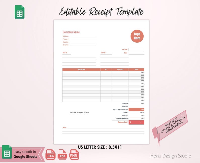 Editable Receipt Template. Small Business Digital Receipt. Receipt Form ...