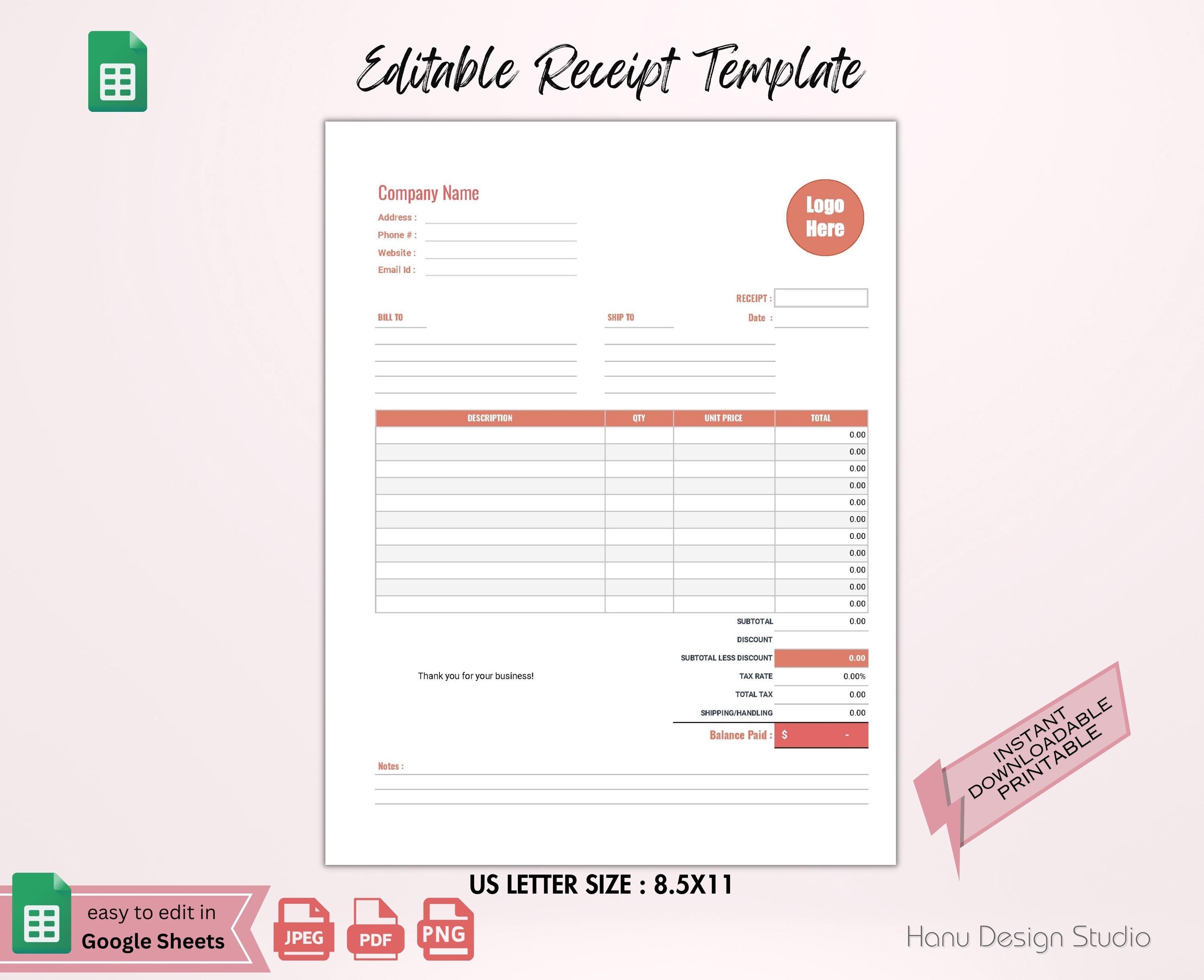 Editable Receipt Template. Small Business Digital Receipt. Receipt Form ...