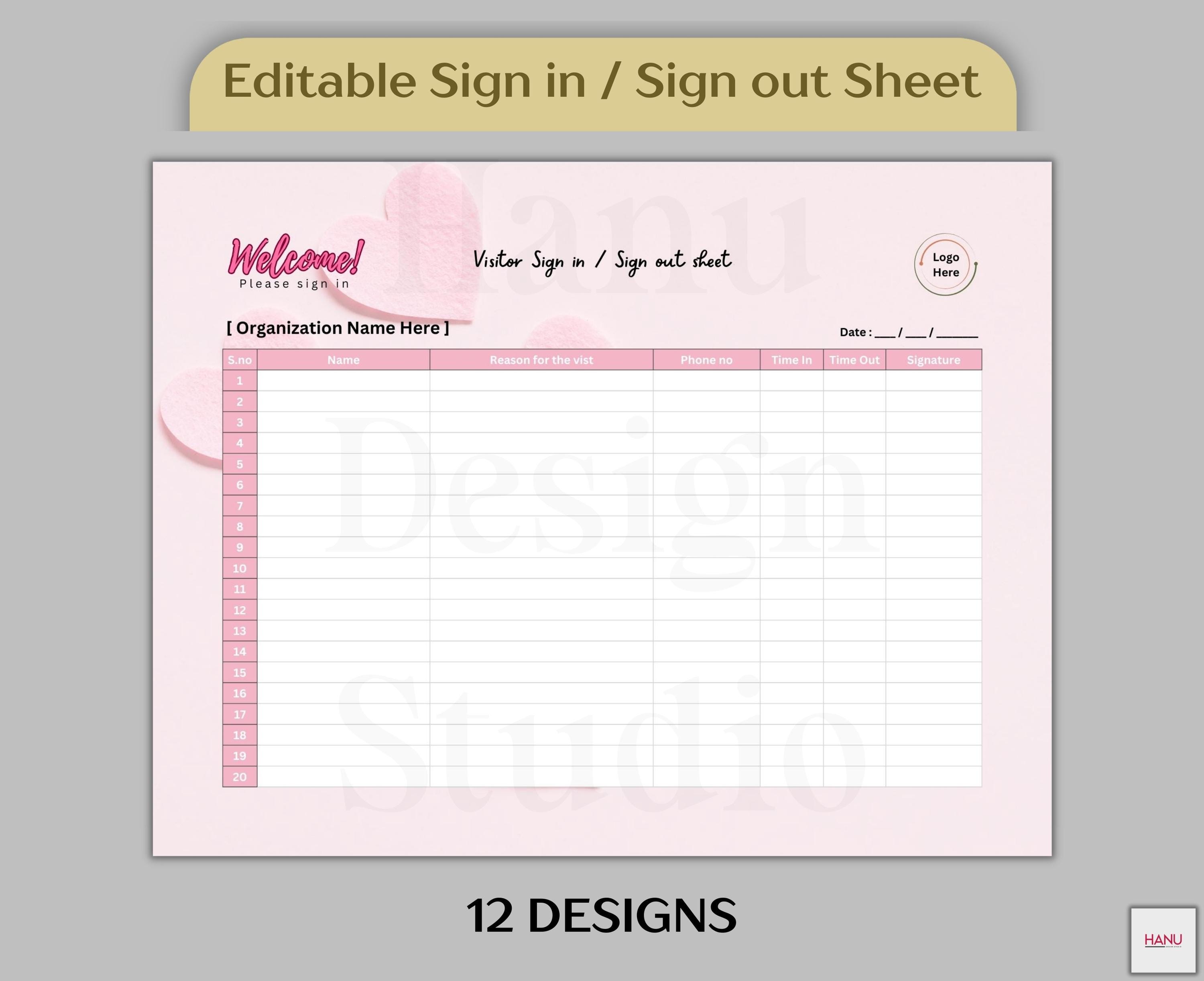 Printable Visitor Sign in Sign Out Sheet, Sign in Sign Out Forms, Home ...