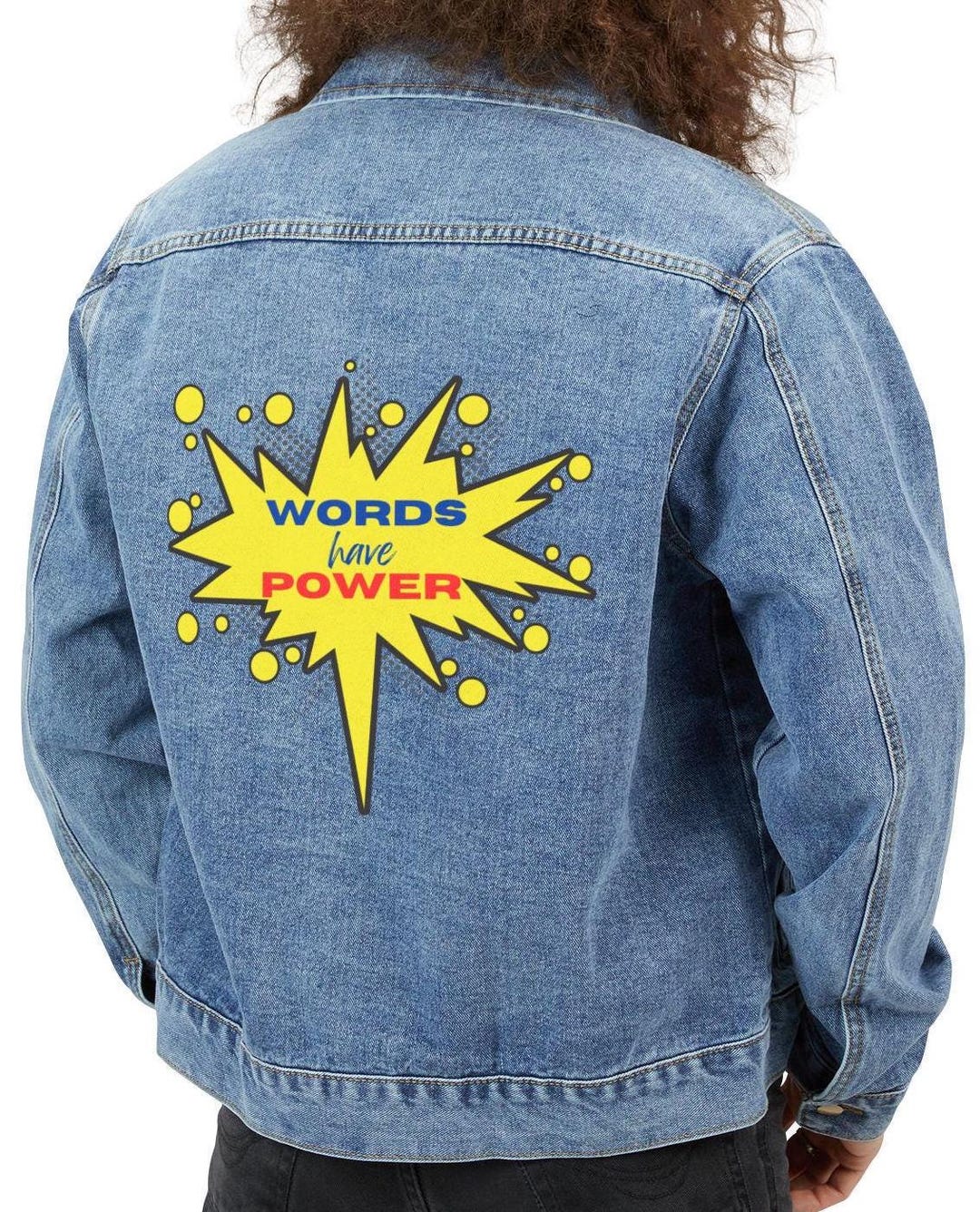 Vintage Men's Denim Jacket With 'words Have Power' Graphic, Casual ...
