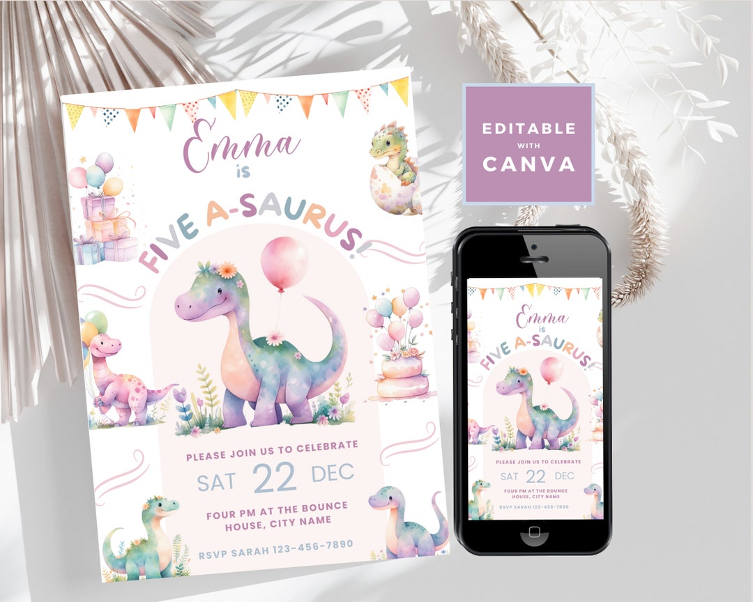 Cute Dinosaur Girls 5th Birthday Invitation, Five A Saurus, Pink Purple ...