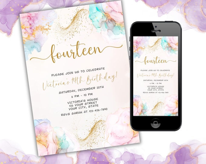 EDITABLE 14th Birthday Party Invite 5" X 7" • Instant Digital Download ...
