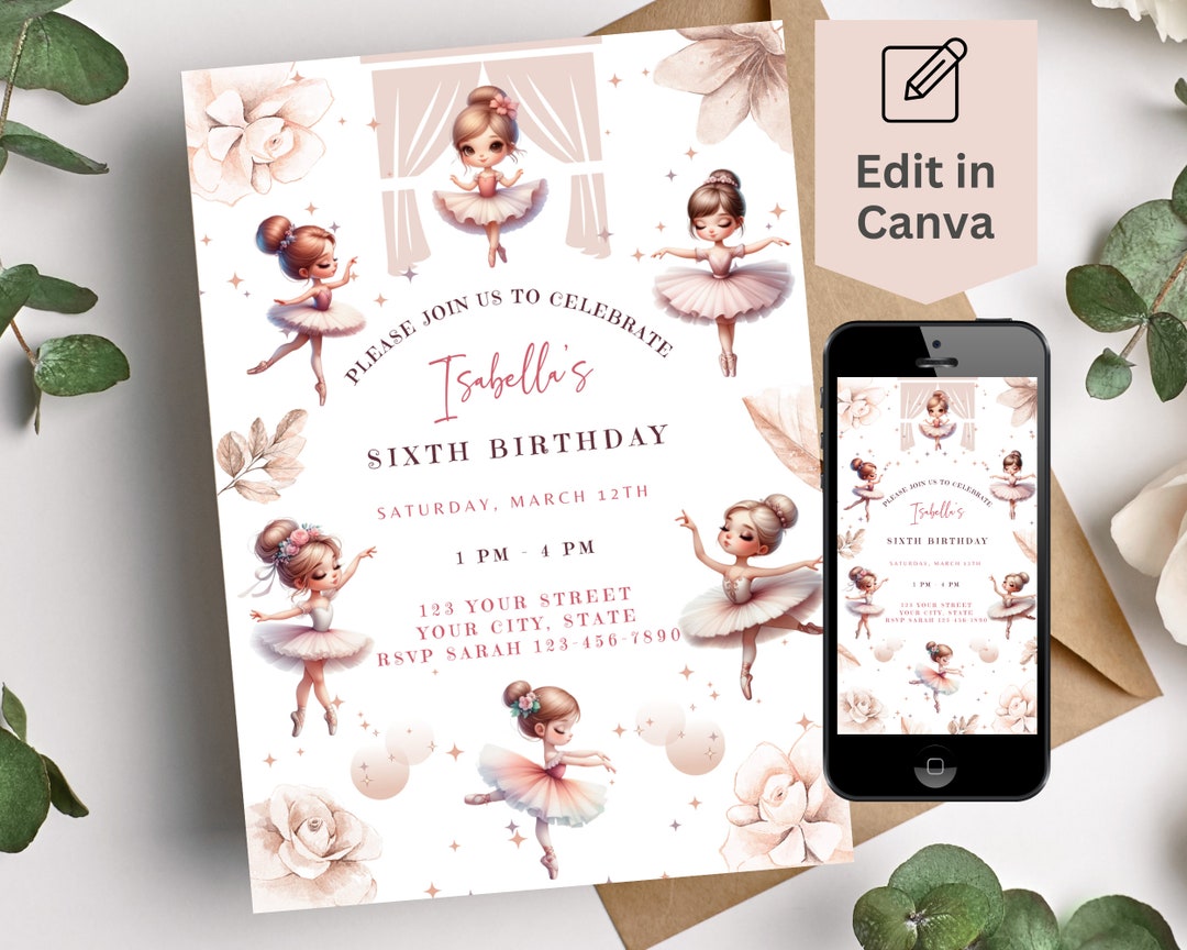 Ballerina Birthday Party Invitation, Ballet Dancer Girl Invite ...