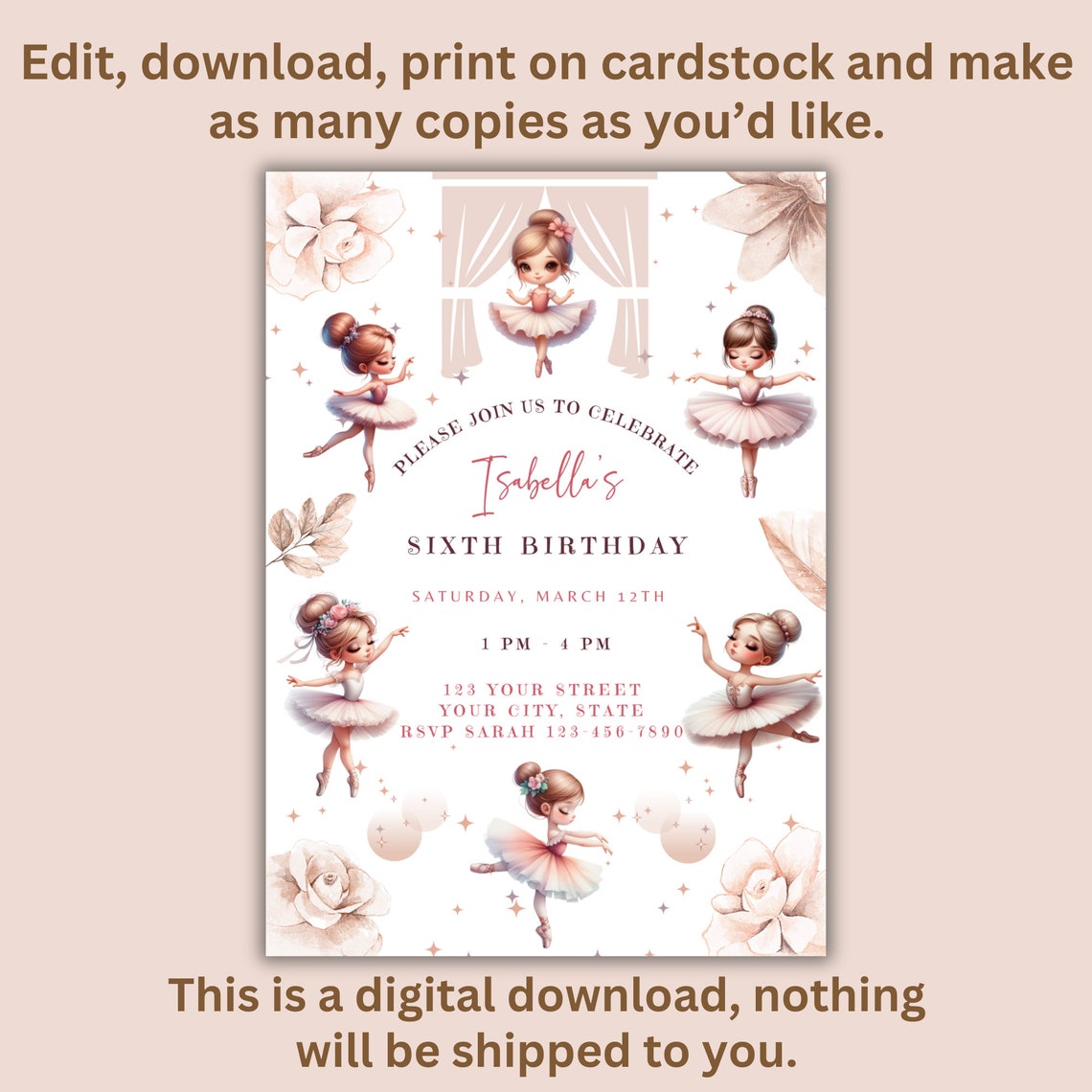 Ballerina Birthday Party Invitation, Ballet Dancer Girl Invite ...