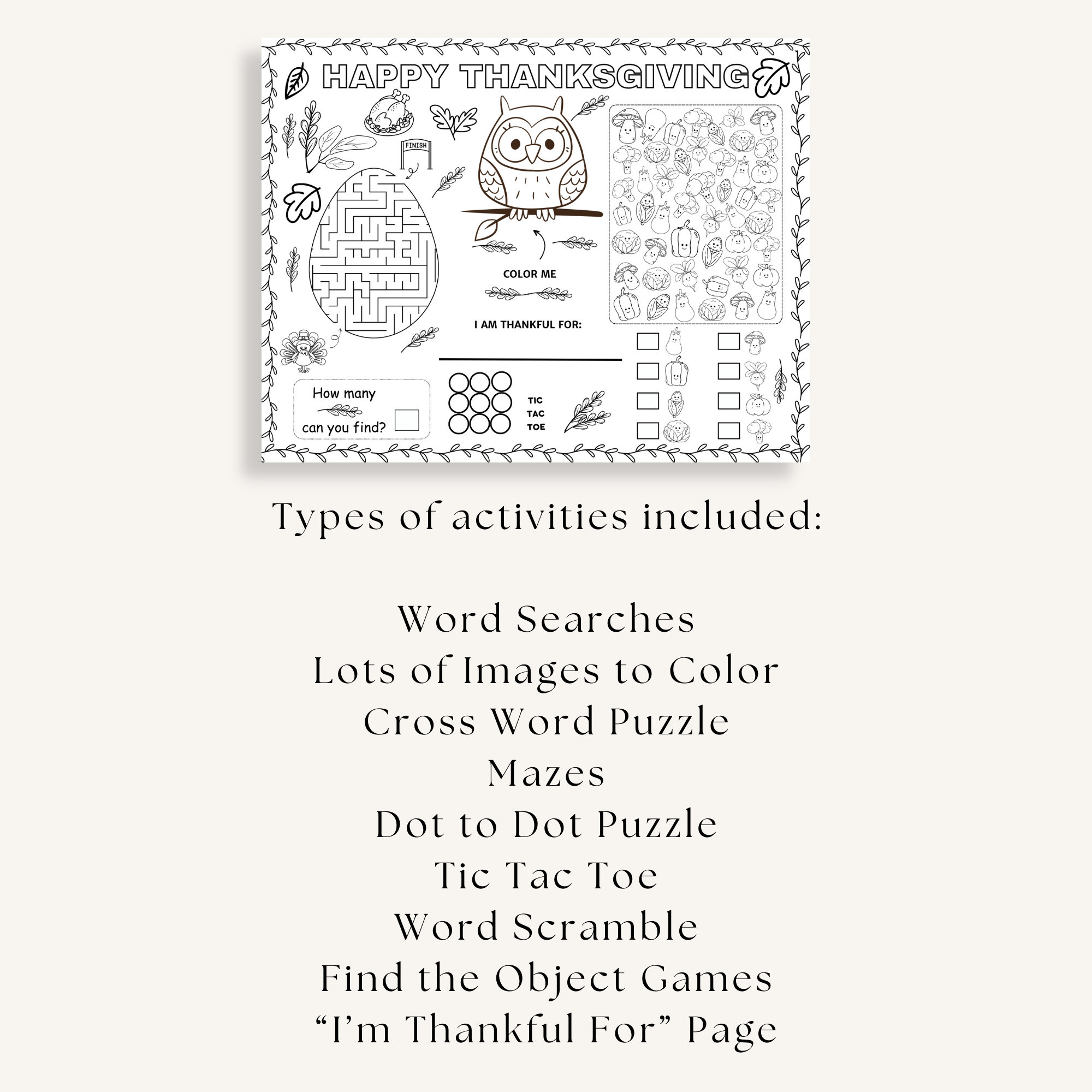 Thanksgiving Activity Placemats for Kids, Activity Mat, Table Decor for ...