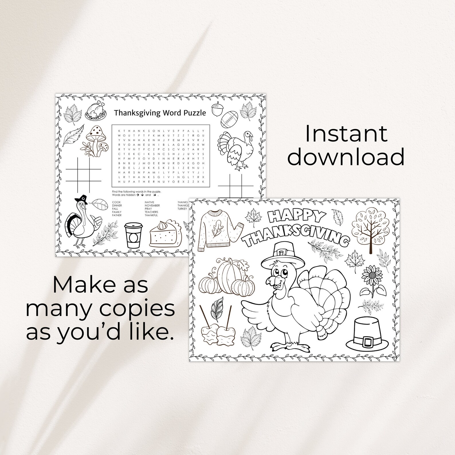 Thanksgiving Activity Placemats for Kids, Activity Mat, Table Decor for ...