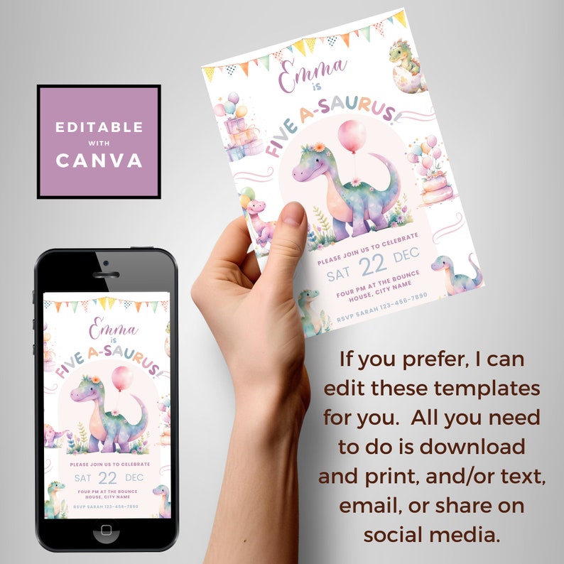 Cute Dinosaur Girls 5th Birthday Invitation, Five A Saurus, Pink Purple ...