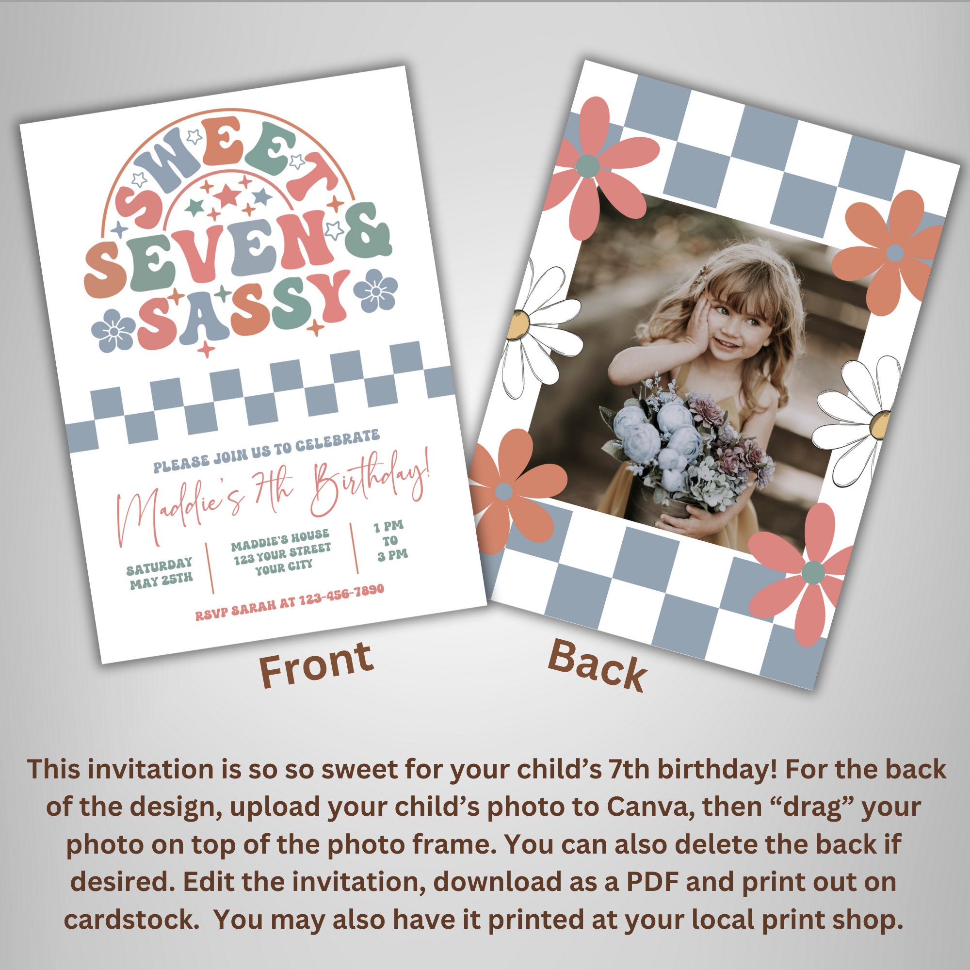 Editable Sweet Sassy and Seven Birthday Invitation, Girl 7th Birthday ...