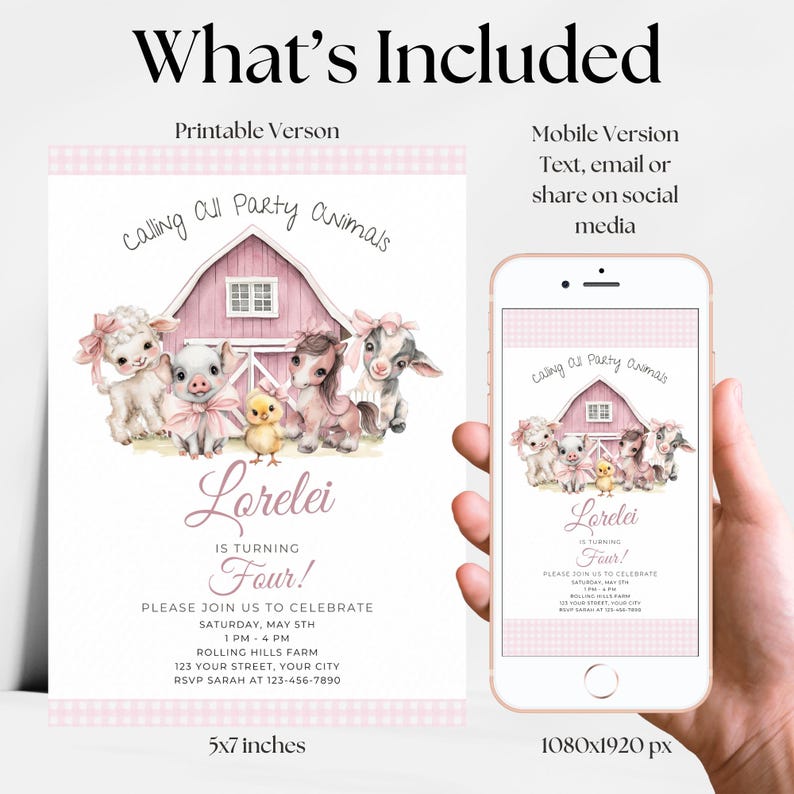 Calling All Party Animals 4th Birthday Invitation, Editable Pink ...