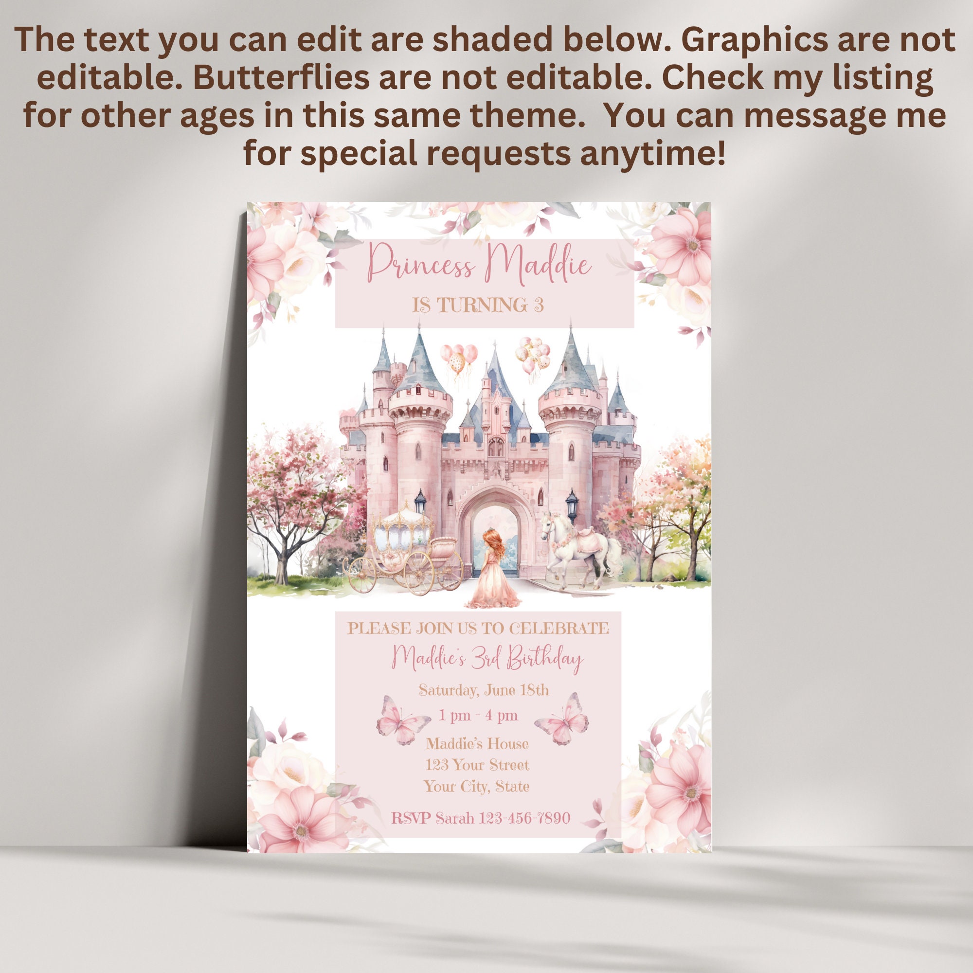 Princess 3rd Birthday Invitation, Watercolor Princess Invite, Editable ...