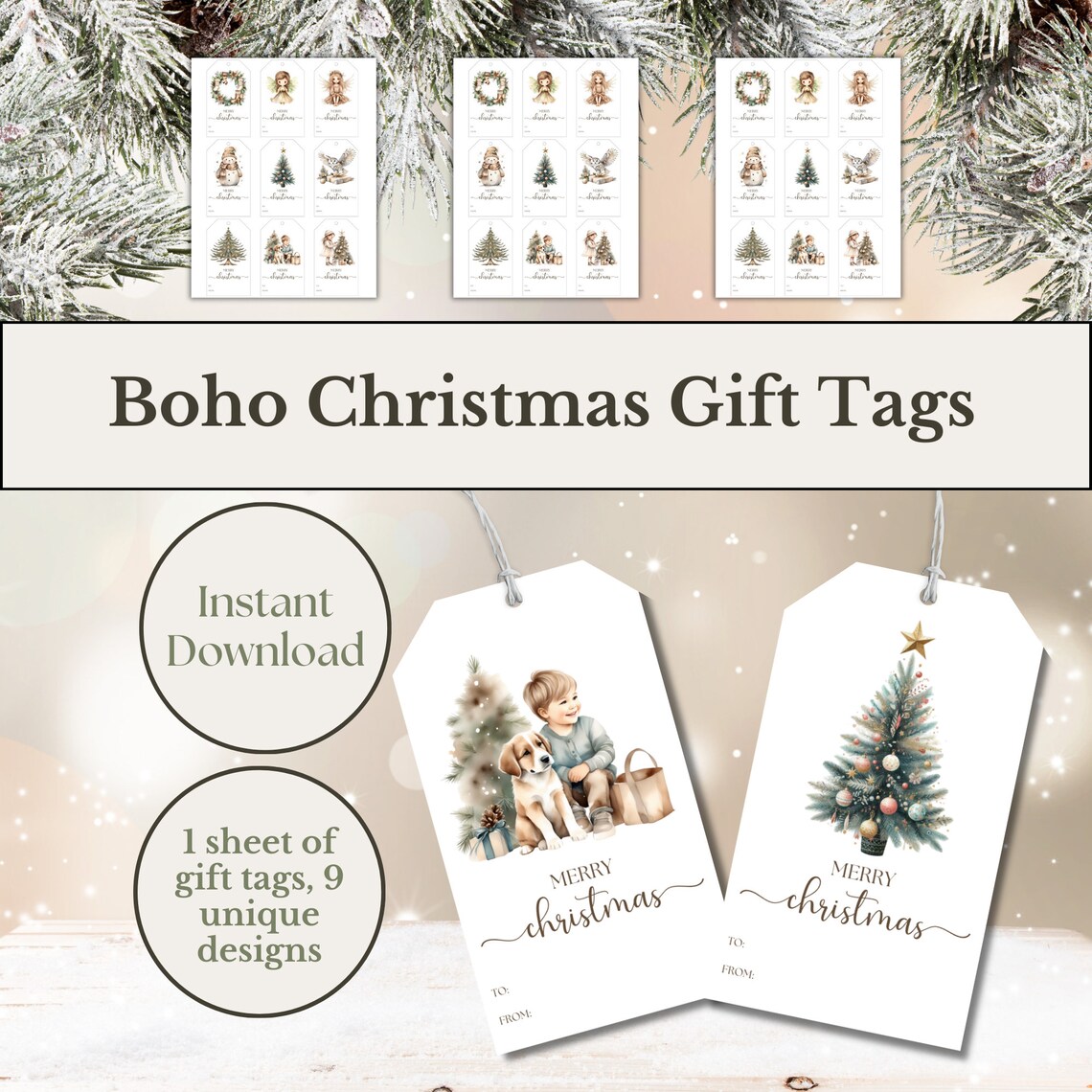 Printable Boho Christmas Gift Tags, Watercolor Merry Christmas Holiday ...