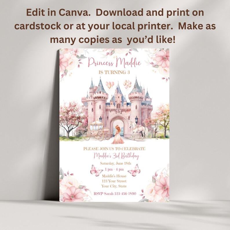 Princess 3rd Birthday Invitation, Watercolor Princess Invite, Editable ...