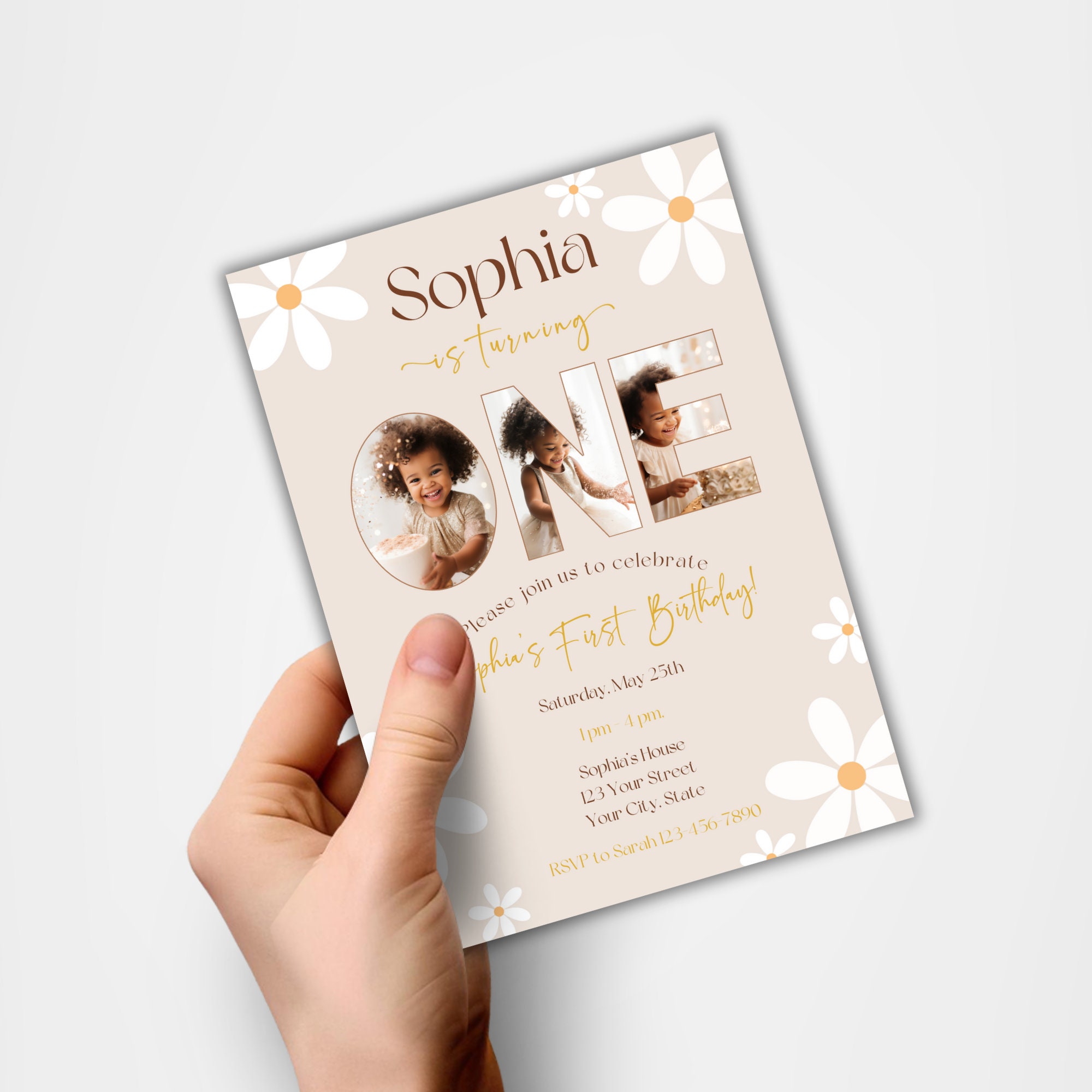 Editable Daisy Themed First Birthday Party Invitation, Girl Retro Daisy ...