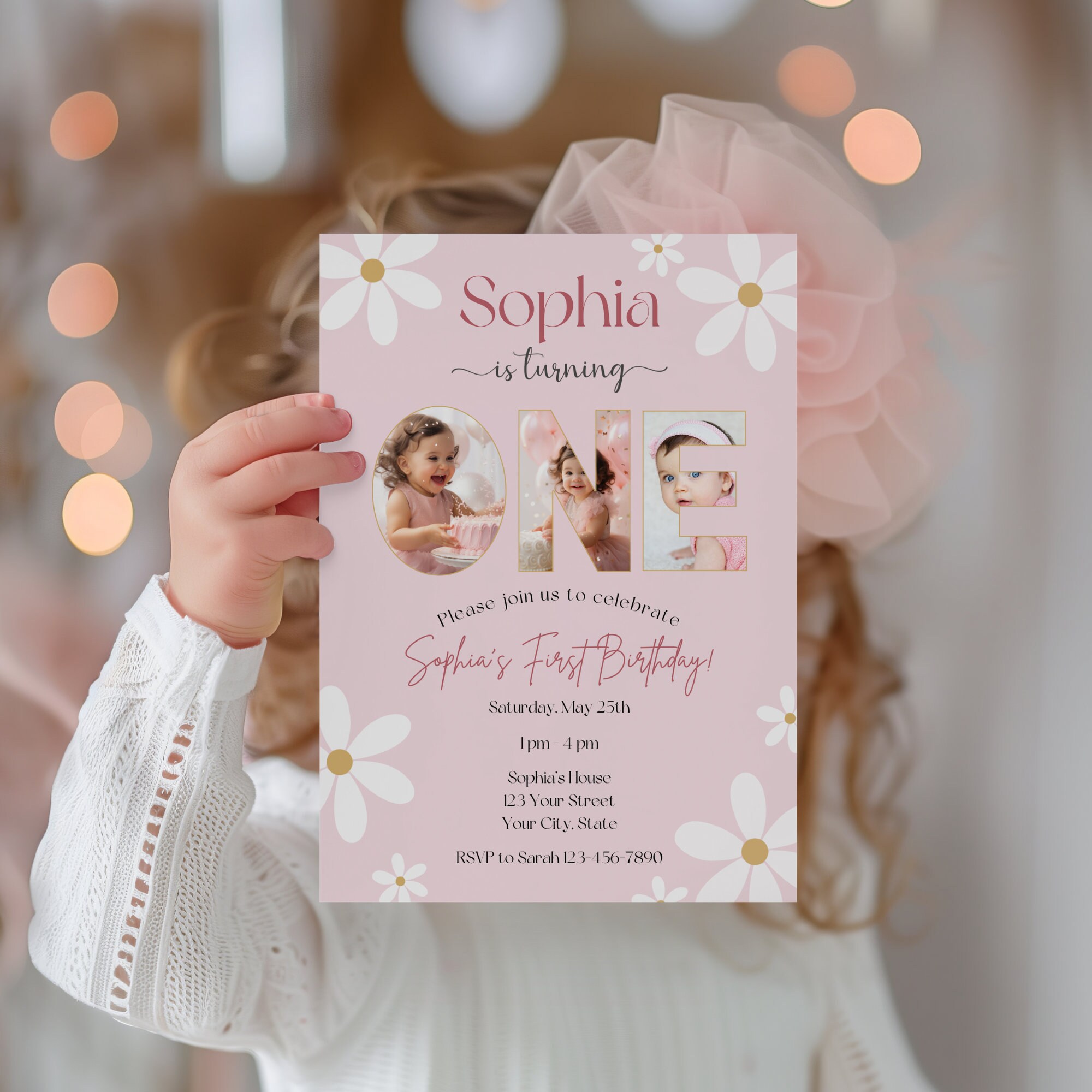 Pink Daisy 1st Birthday Invitation, Editable Minimalist First Birthday ...