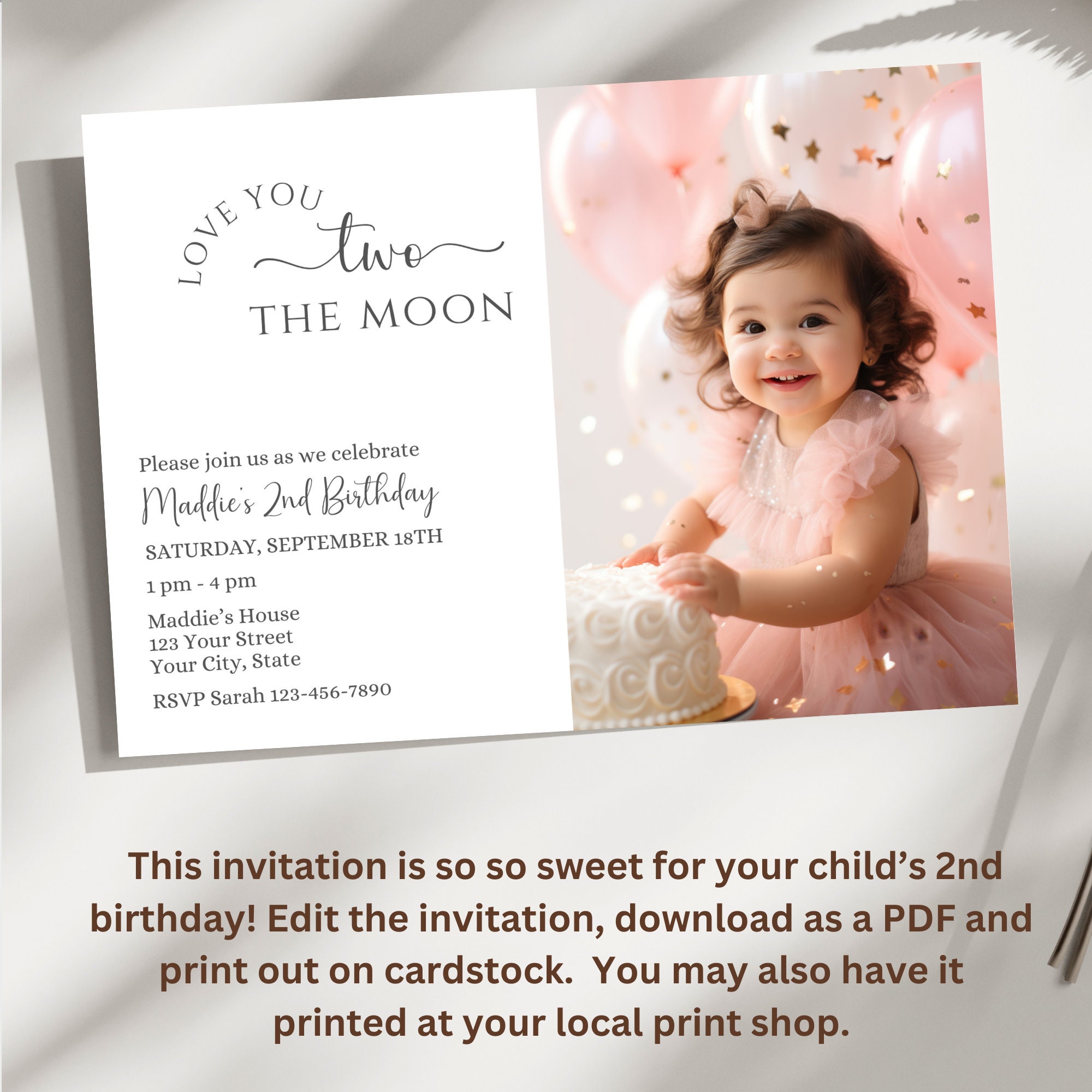 Love You Two the Moon 2nd Birthday Party Invitation, Digital Instant ...