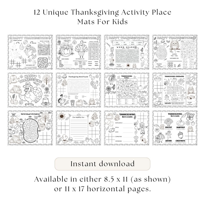 Thanksgiving Activity Placemats for Kids, Activity Mat, Table Decor for ...