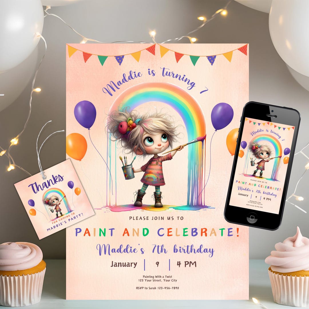Editable Painting Party 7th Birthday Invitation, Personalized Art ...