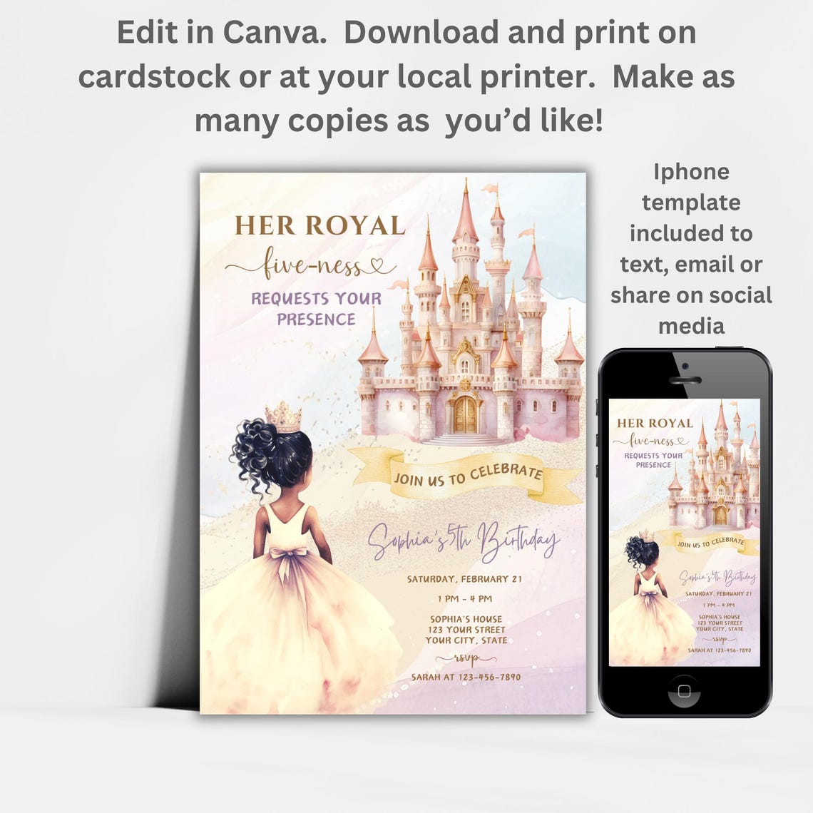 Royal Fiveness Invitation, Editable Princess 5th Birthday Invite ...