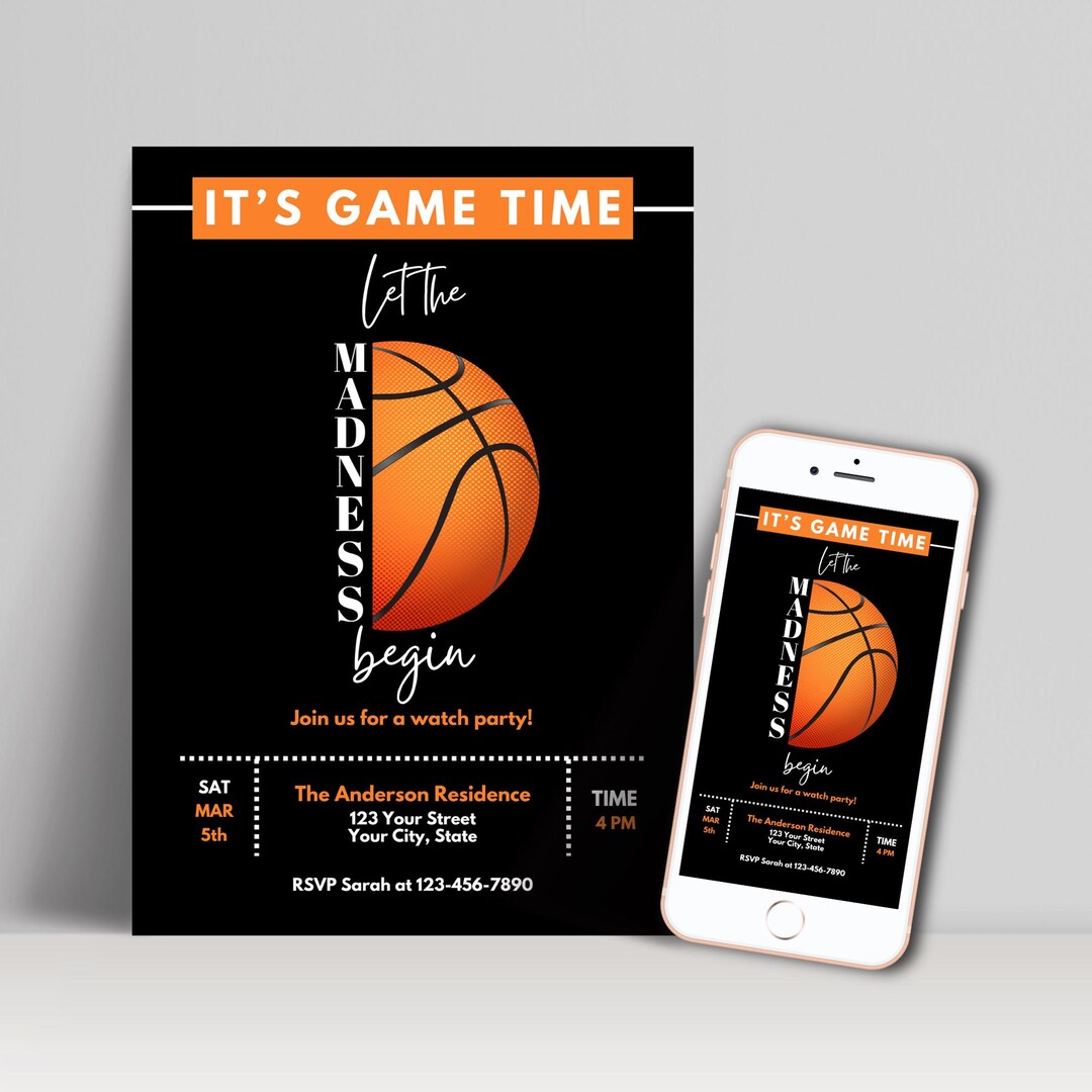 Let the Madness Begin Basketball Watch Party Invitation, Customizable ...