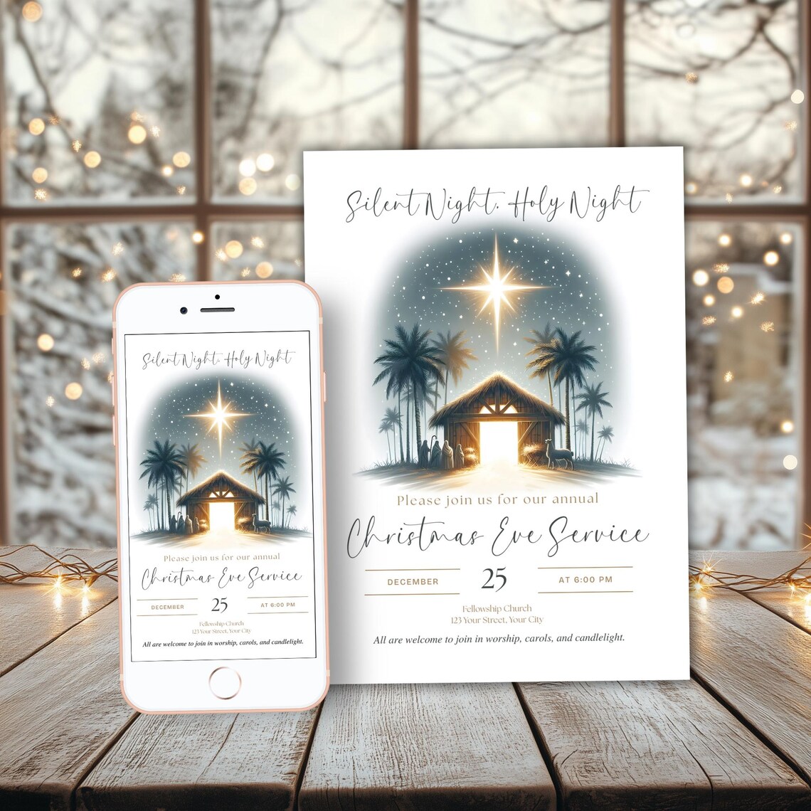 Christmas Eve Candlelight Service Invitation, Editable Nativity Manger ...